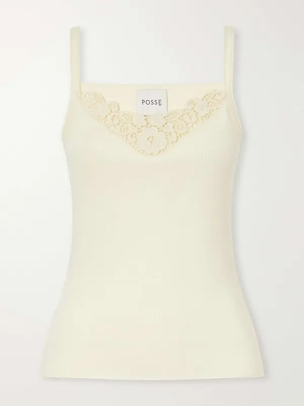 Posse Posy Guipure Lace-trimmed Ribbed Cotton-blend Jersey Tank - Cream