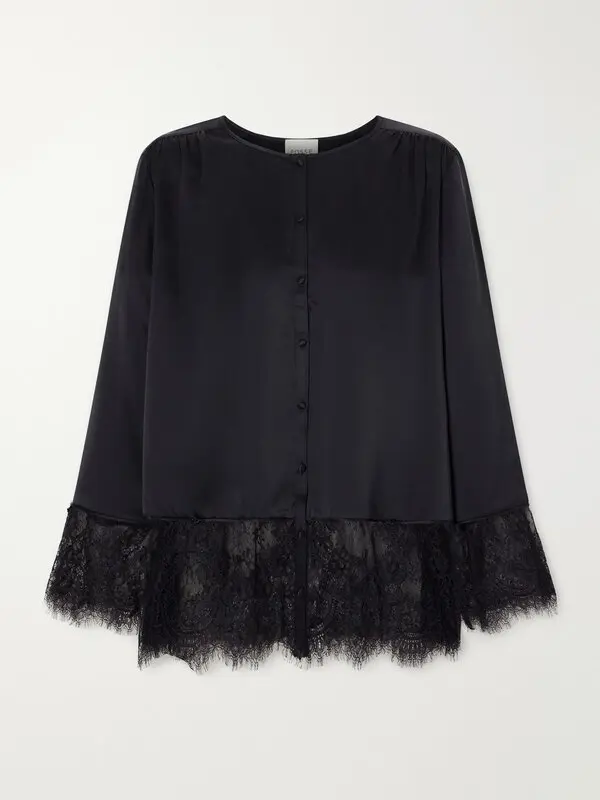 Posse Blake Lace-trimmed Silk-charmeuse Shirt - Onyx