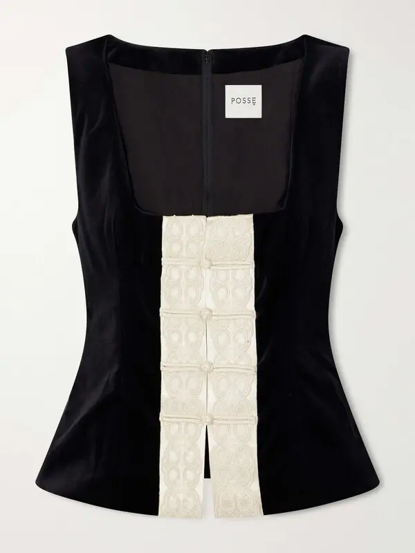 Posse Florian Embroidered Satin-trimmed Cotton-velvet Top