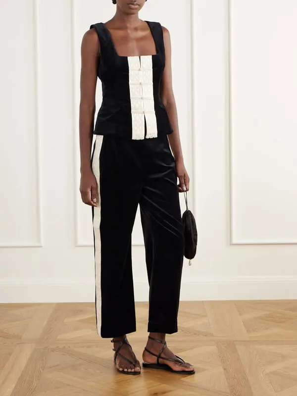 Posse Florian Embroidered Satin-trimmed Cotton-velvet Top