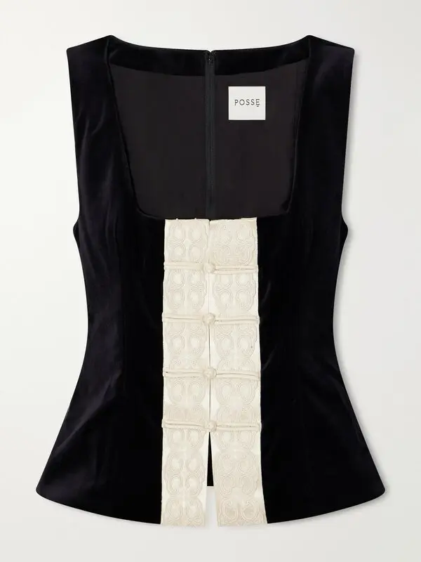 Posse Florian Embroidered Satin-trimmed Cotton-velvet Top - Black