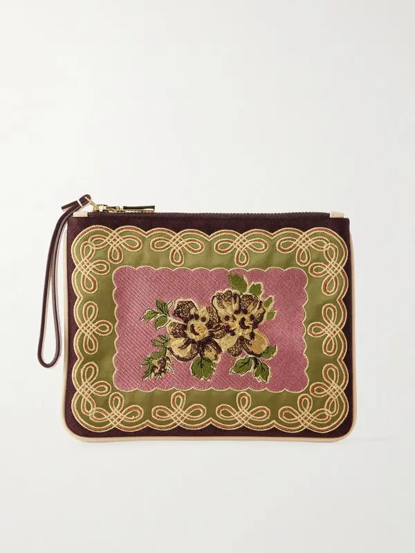 ALEMAIS Lacey Embroidered Leather-trimmed Satin Clutch