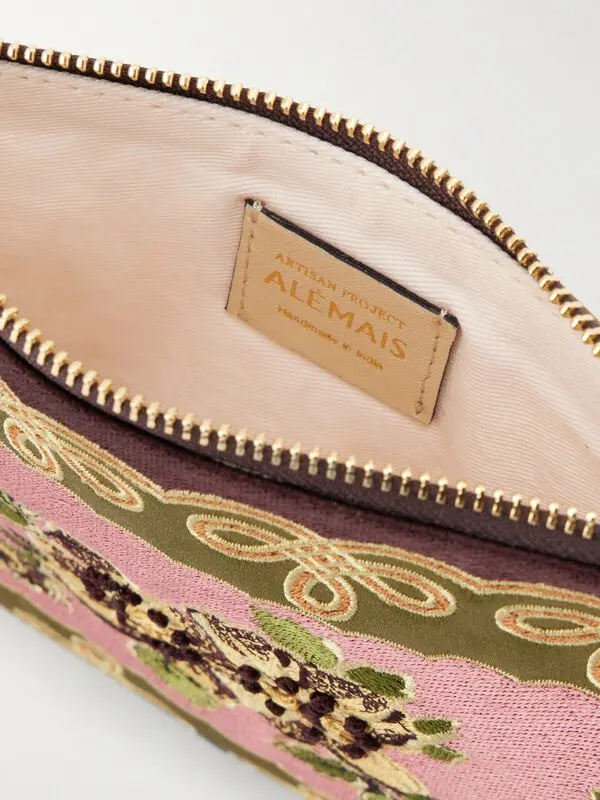 ALEMAIS Lacey Embroidered Leather-trimmed Satin Clutch