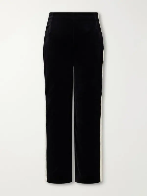 Posse Florian Cropped Embroidered Satin-trimmed Cotton-velvet Straight-leg Pants - Black