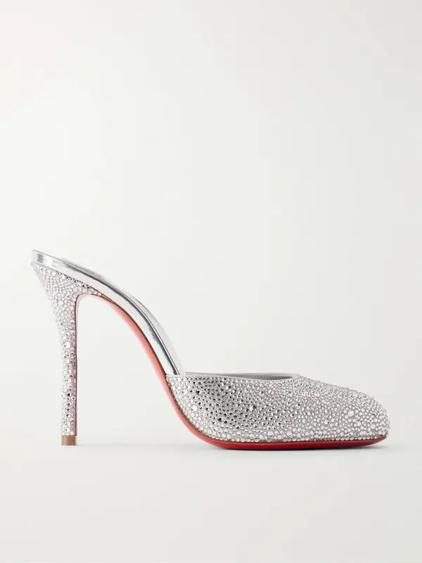 CHRISTIAN LOUBOUTIN Dolly 100 Crystal-embellished Metallic Leather Mules - Silver