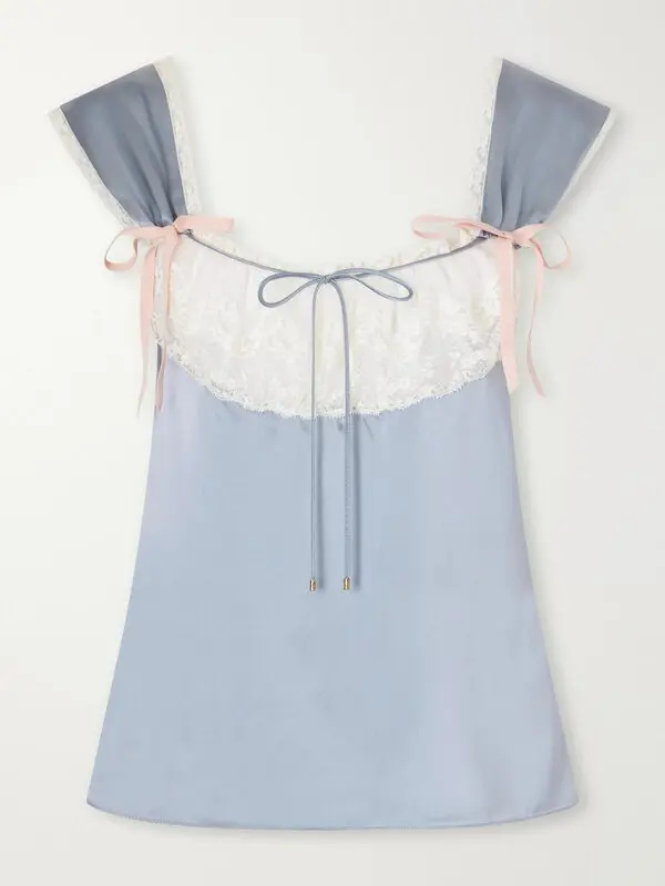 Chloé Bow-detailed Lace-trimmed Silk-satin Cami - Blue