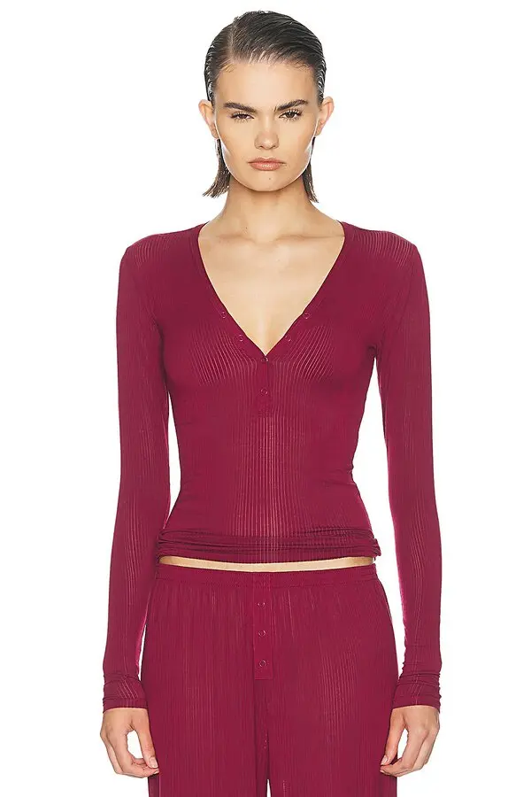 NEGATIVE UNDERWEAR Whipped Henley In Burgundy - Cassis