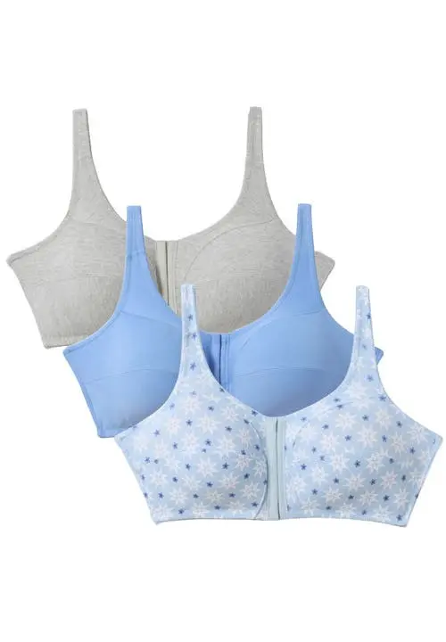 COMFORT CHOICE 3 Pack Front Close Cotton Wireless Bra - Soft Blue Assorted