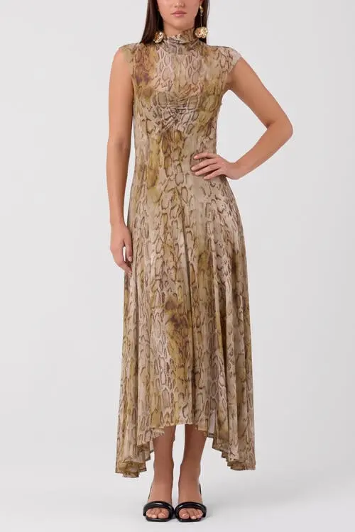 Rachel Rachel Roy Junette Mock Neck Godet Midi Dress - Olive Umber Python