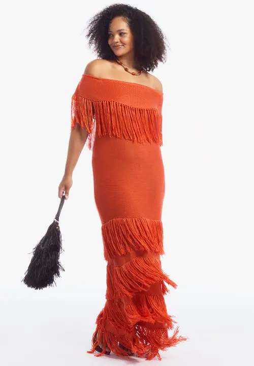 JUNE & VIE Off Shoulder Fringe Sweater Dress