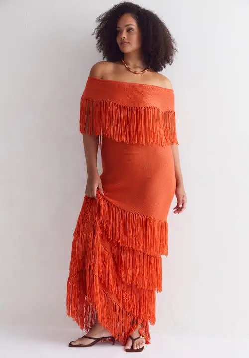 JUNE & VIE Off Shoulder Fringe Sweater Dress
