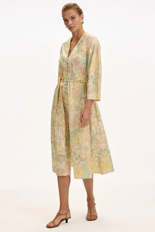 EXQUISE Afrodille Floral V-neck Long Sleeve Midi Dress