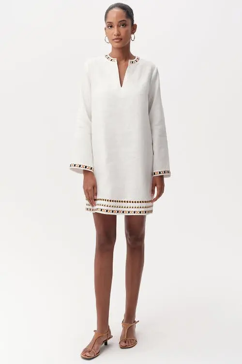 EXQUISE Bernice Tie Neck Long Sleeve Linen Mini Dress - Bone