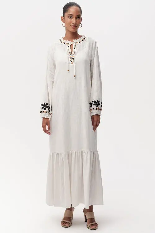 EXQUISE Birke Embroidered Tie Neck Long Sleeve Midi Dress - Ecru