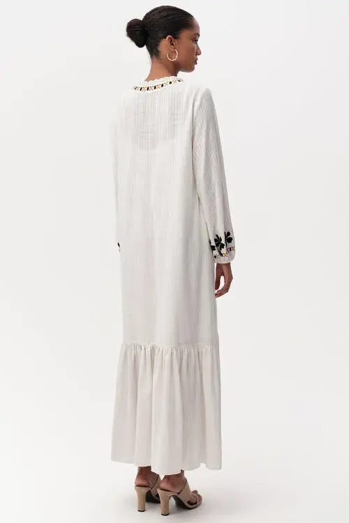 EXQUISE Birke Embroidered Tie Neck Long Sleeve Midi Dress