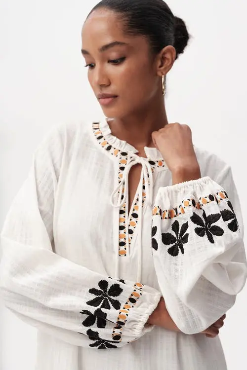 EXQUISE Birke Embroidered Tie Neck Long Sleeve Midi Dress