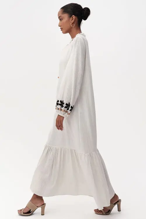 EXQUISE Birke Embroidered Tie Neck Long Sleeve Midi Dress