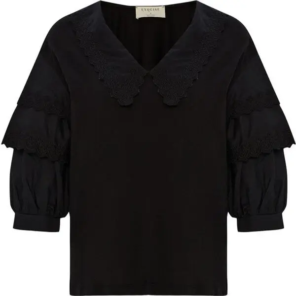 EXQUISE V-neck Puff Sleeve Blouse With Broderie Anglaise Details
