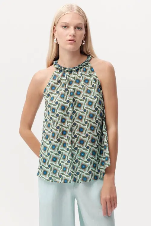 EXQUISE Grant Ruffle Halter Neck Cotton Blouse