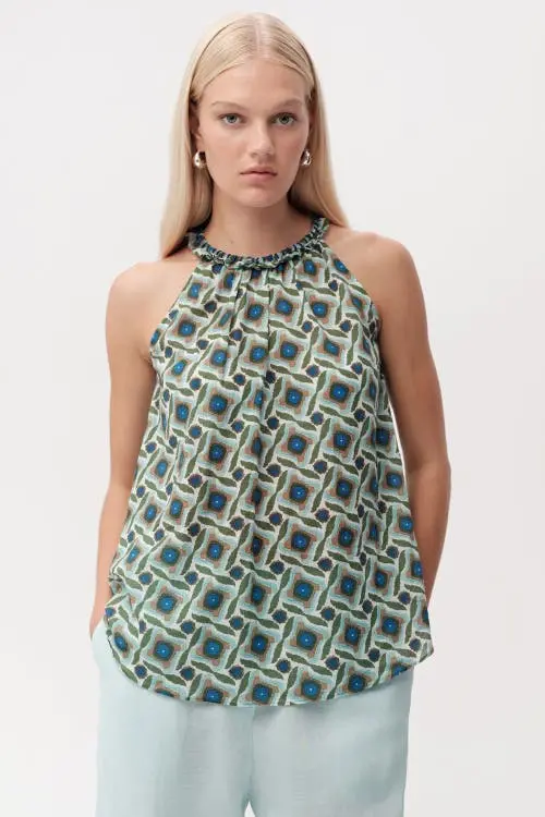 EXQUISE Grant Ruffle Halter Neck Cotton Blouse