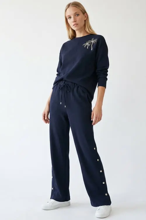 EXQUISE Chevi Side Button Knit Pants - Navy