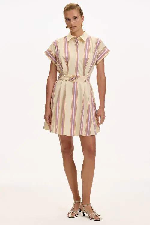 EXQUISE Kianna Short Sleeve Belted Mini Shirt Dress - Multi Color