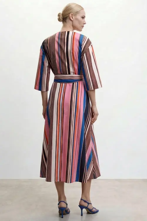 EXQUISE Double Breasted Striped Midi Dress With Tie Waist