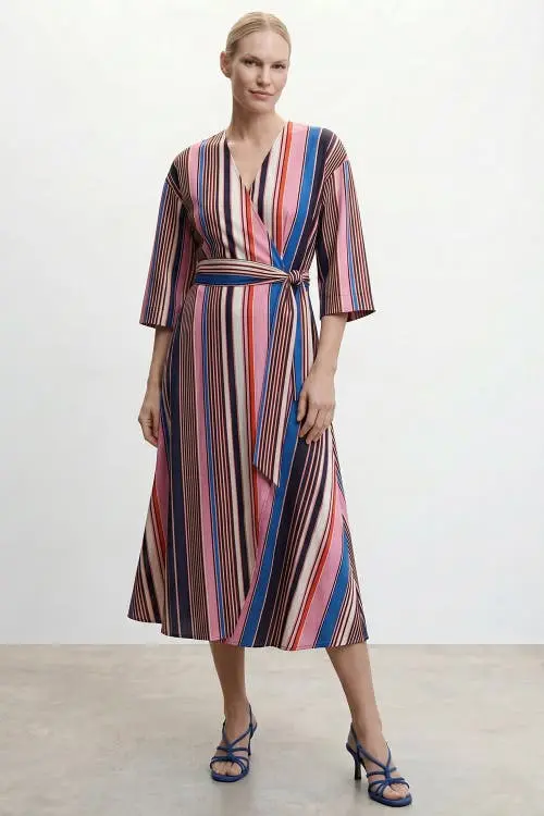 EXQUISE Double Breasted Striped Midi Dress With Tie Waist