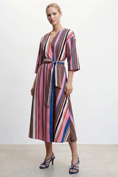 EXQUISE Double Breasted Striped Midi Dress With Tie Waist