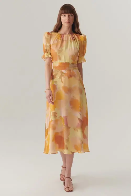 EXQUISE Olive Abstract Print Balloon Sleeve Midi Dress