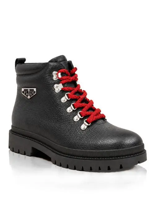 Philipp Plein Leather Mountain Boots Deer Print Triangle Placca