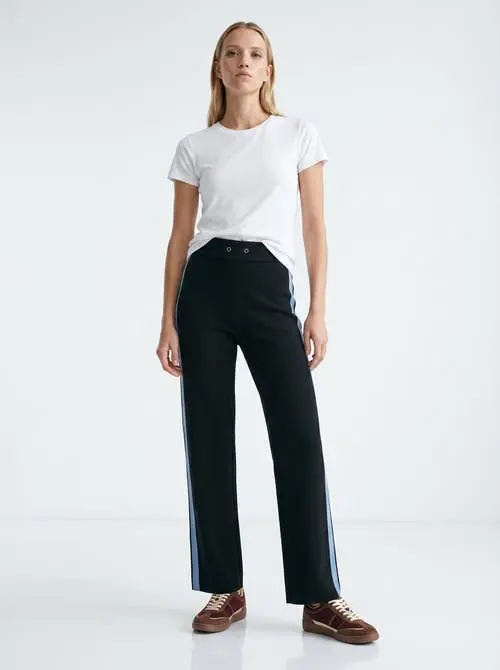 EXQUISE Macey Wide Leg Knit Trousers With Denim Side Stripes