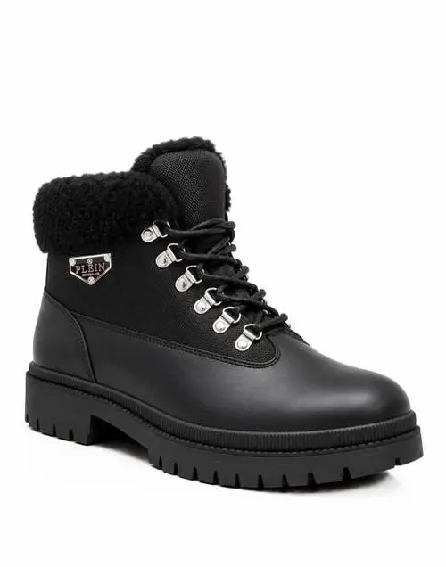 Philipp Plein Nylon Leather Boots Triangle Placca Fake Fur - Black