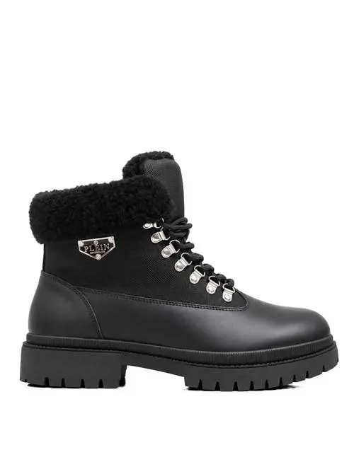 Philipp Plein Nylon Leather Boots Triangle Placca Fake Fur
