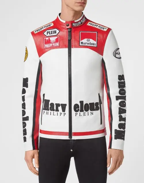 Philipp Plein Leather Vintage Moto Jacket Marvelous - White/red