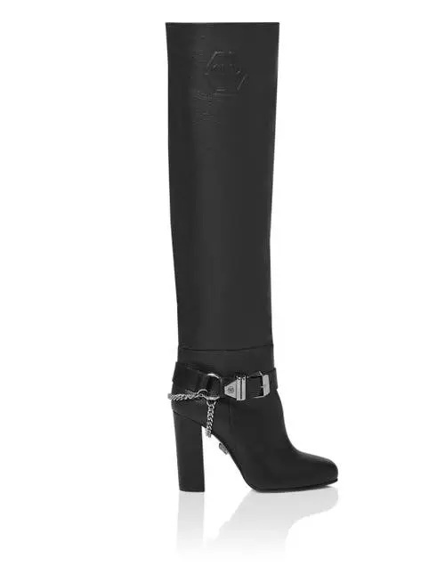 Philipp Plein Leather Boots High Heels High Embossed Hexagon