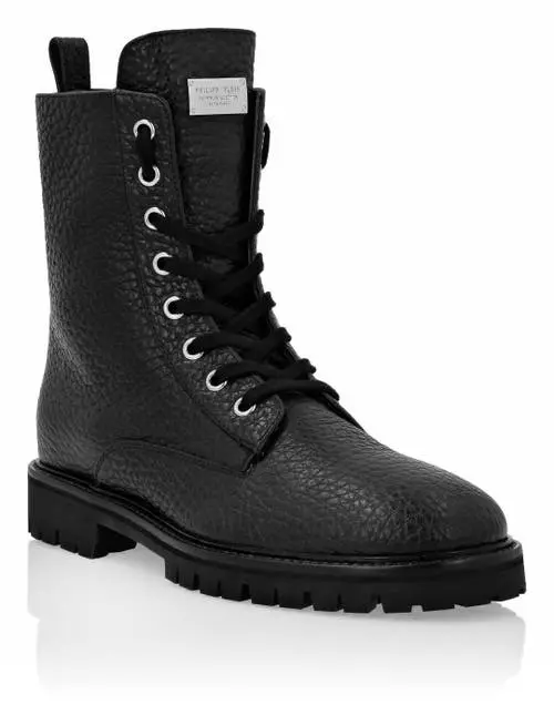 Philipp Plein Leather Boots Low Flat Stars Studs - Black
