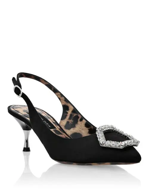 Philipp Plein Satin Decollete Slingback Low Heels Crystal Hexagon - Black