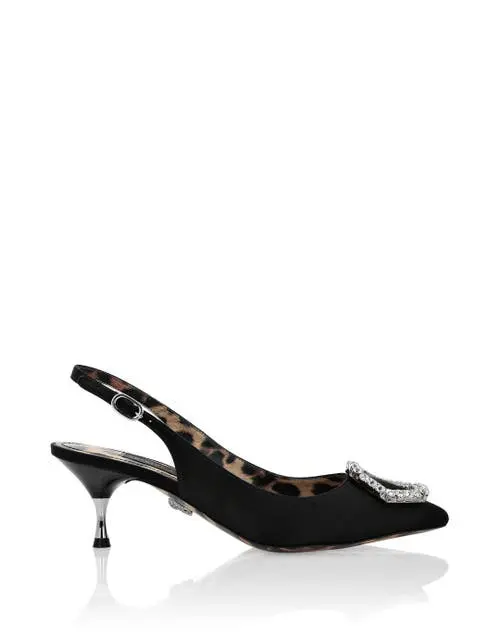 Philipp Plein Satin Decollete Slingback Low Heels Crystal Hexagon - Black