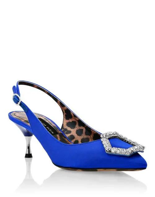 Philipp Plein Satin Decollete Slingback Low Heels Crystal Hexagon - Middleblue