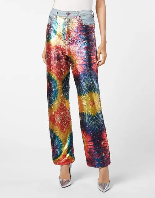 Philipp Plein Denim Super Loose Fit Paillettes Multicolor Tie Dye - Icefrost