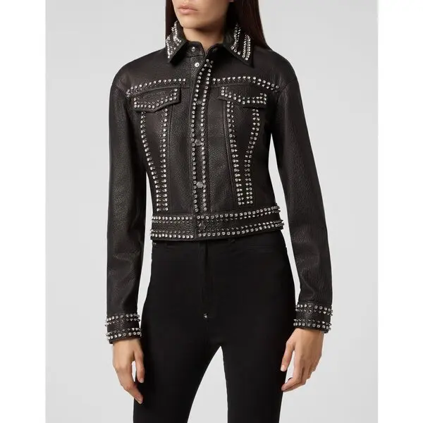 Philipp Plein Leather Jacket Studs Skull - Black