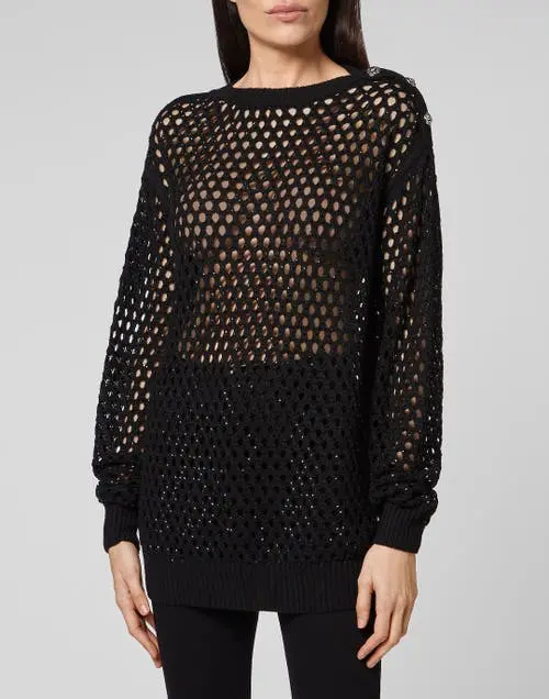 Philipp Plein Cashmere 5 Pullover Round Neck Ls Fishnet Crystal