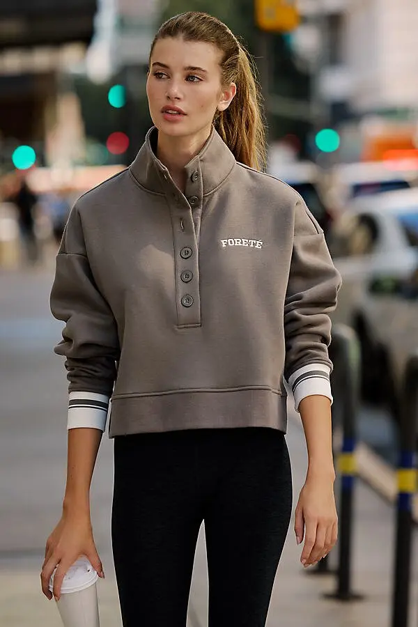 FORE-TÉ Cotton Blend Cropped Varsity Sweatshirt Top - Olive