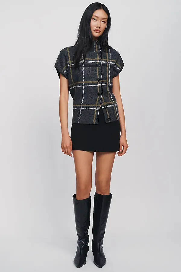 PILCRO Wool Blend Asymmetrical Button Sweater - Multi Plaid