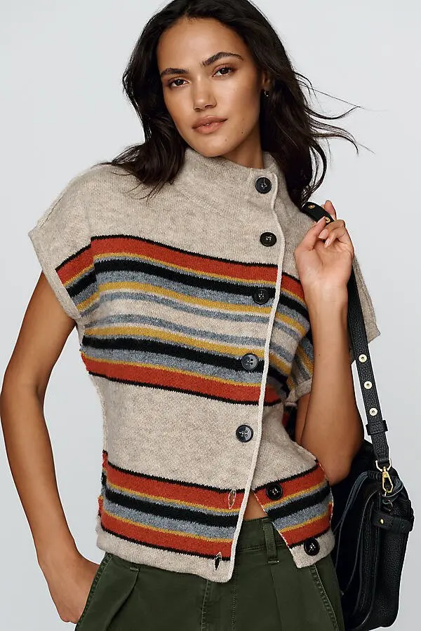 PILCRO Wool Blend Asymmetrical Button Sweater - Multi Stripe