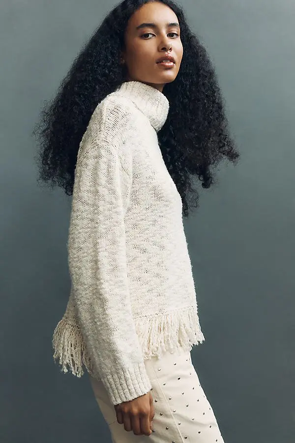 PILCRO 100% Cotton Frged Turtleneck Sweater - Antique Ivory