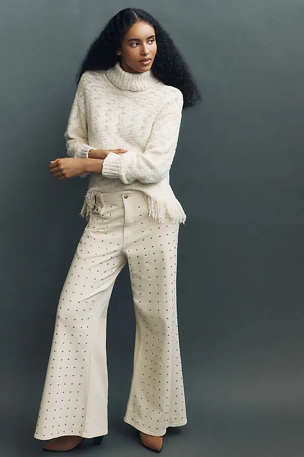 PILCRO 100% Cotton Frged Turtleneck Sweater