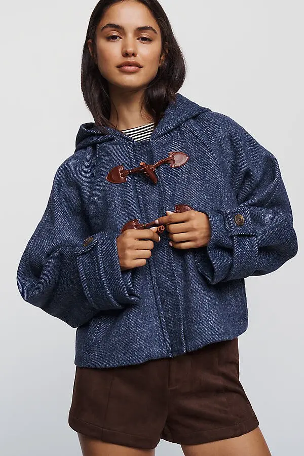 Maeve Wool Blend Toggle Hooded Jacket - Blue Pattern