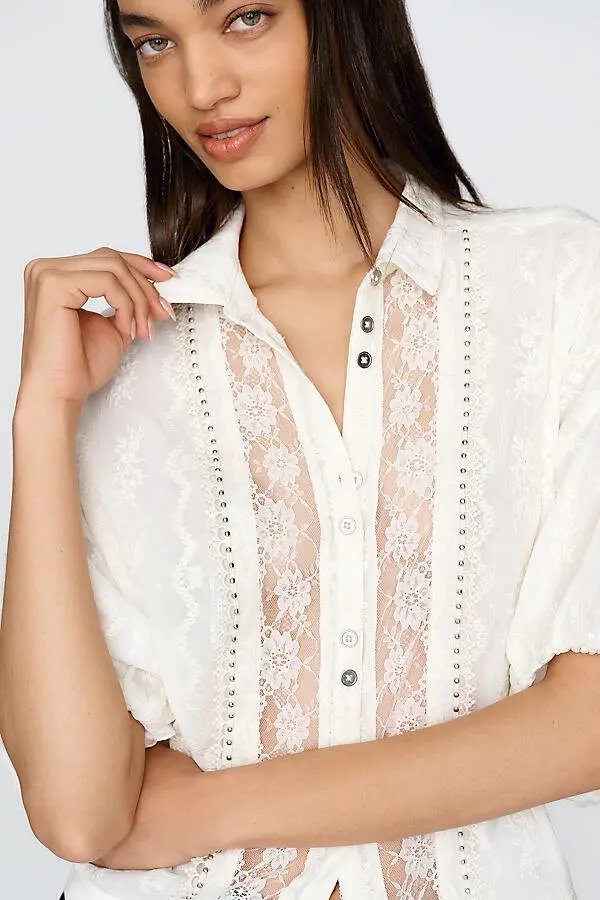 PILCRO Qucy Sequed Lace Blouse